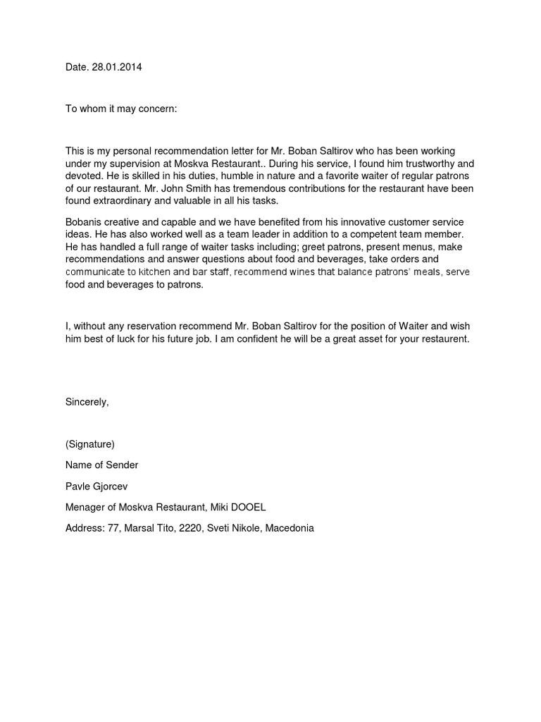 Recommendation for Waiter Position | PDF