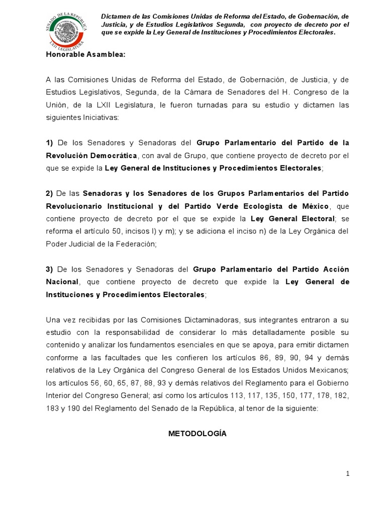 Proyecto De Dictamen De La Ley General De Instituciones Y
