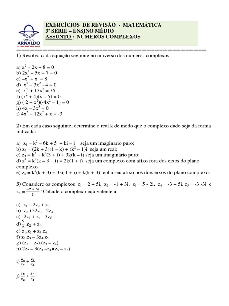 Exercícios de Revisão - NÚMEROS COMPLEXOS PDF | PDF | Número complexo | Lexicologia