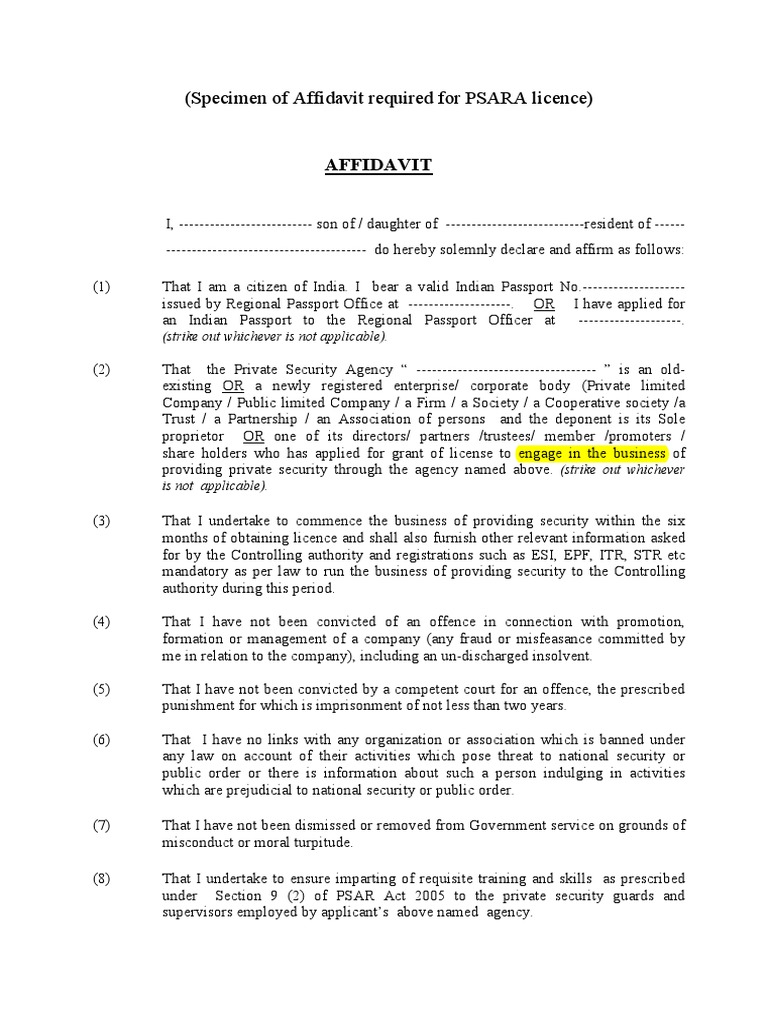 Affidavit for Psara Licence | Security Guard | Passport