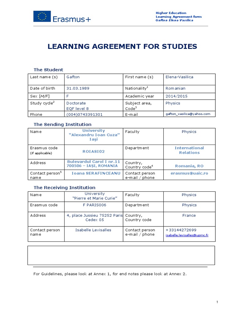 Gafton Formular Learning Agreeement Erasmus + | PDF | Academia ...