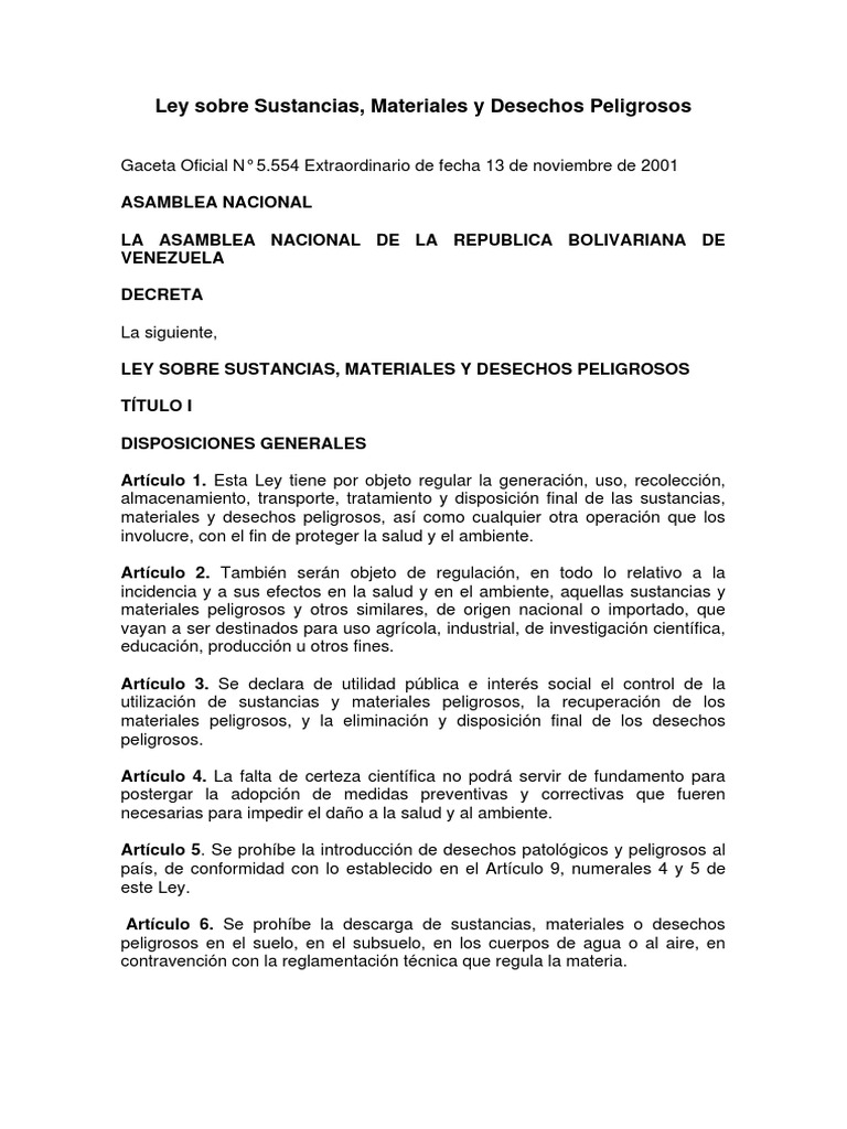 Ley Sustancias, Materiales y Desechos Peligrosos | PDF