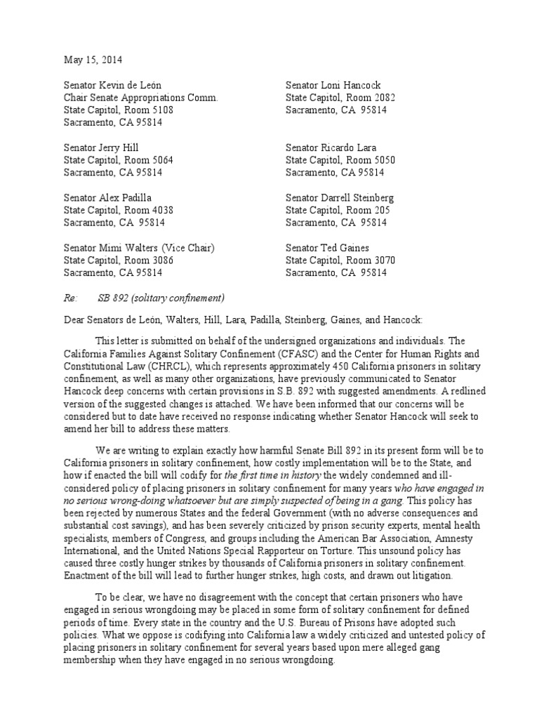 5-13-14 Solitary Confinement Sign-On Letter CA Senate | PDF | Solitary ...