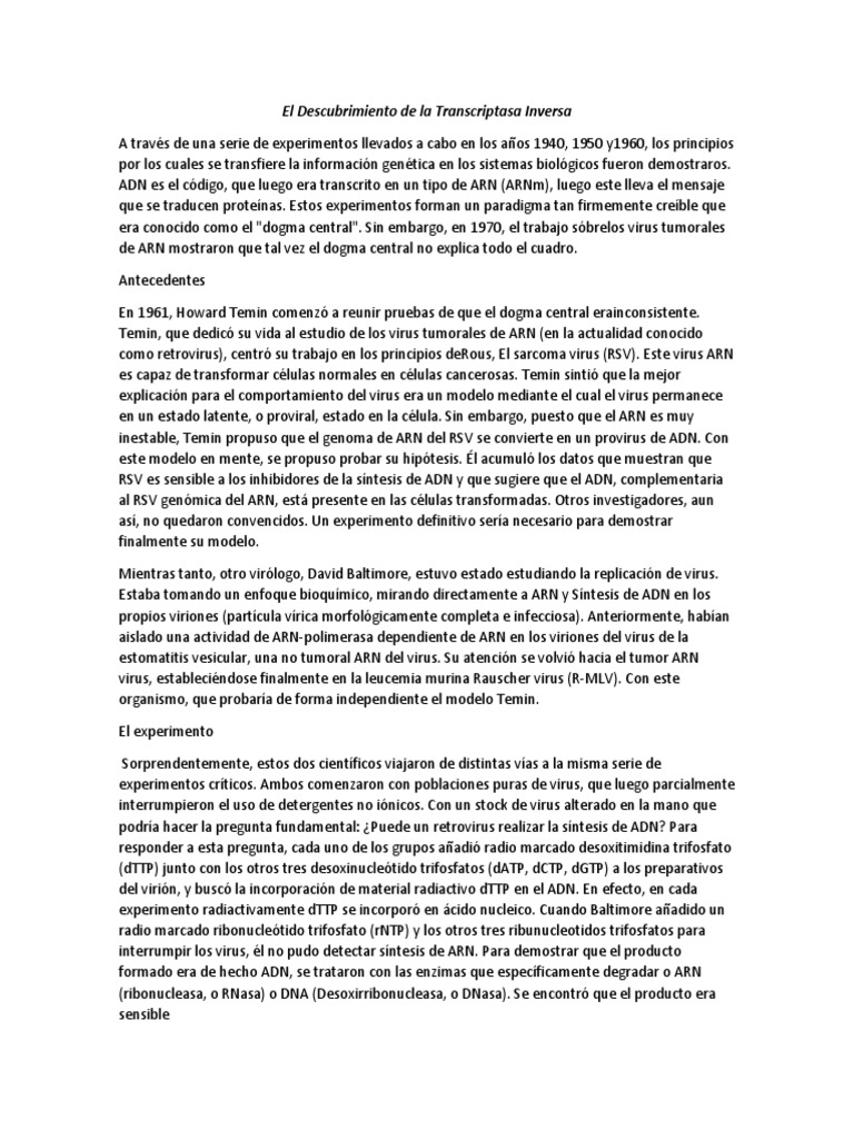 Descubrimiento de la Transcriptasa Inversa | PDF | La transcriptasa ...