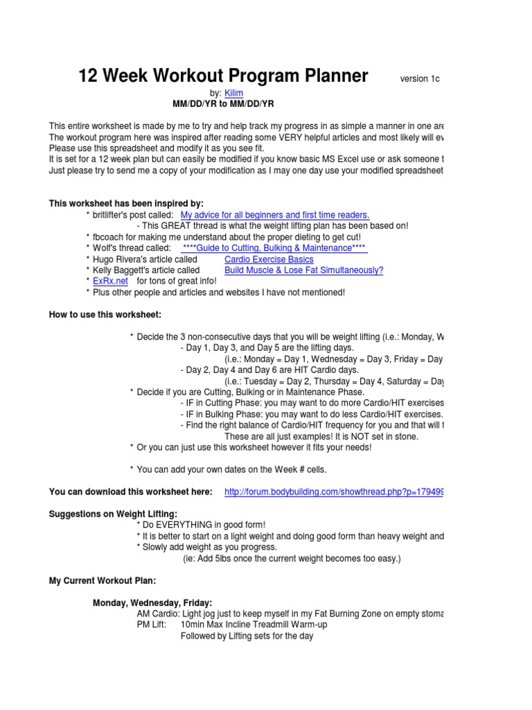 12 Week Workout Program Planner | PDF | Body Mass Index | Aerobic Exercise