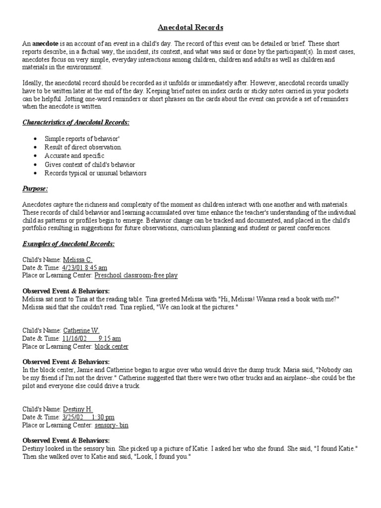 Anecdotal Records Examples For Preschool