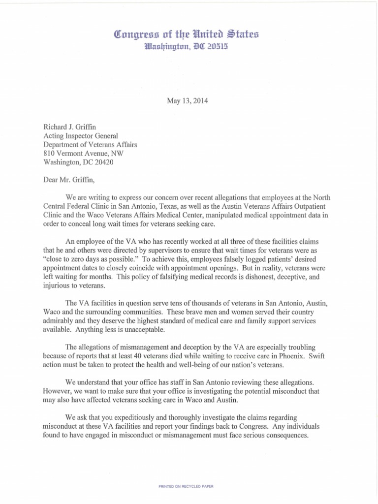 Congress Letter To VA | PDF | United States Department Of Veterans ...