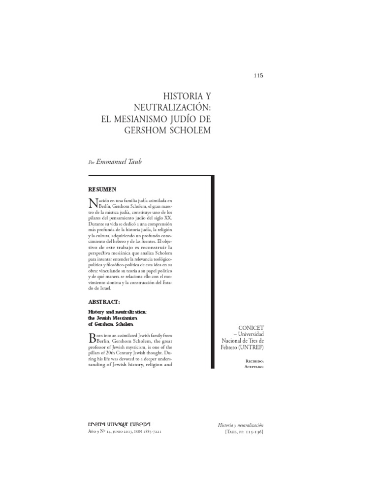 Taub. Historia y Neutralizacion. El Mesianismo Judio de Gershom Scholem ...