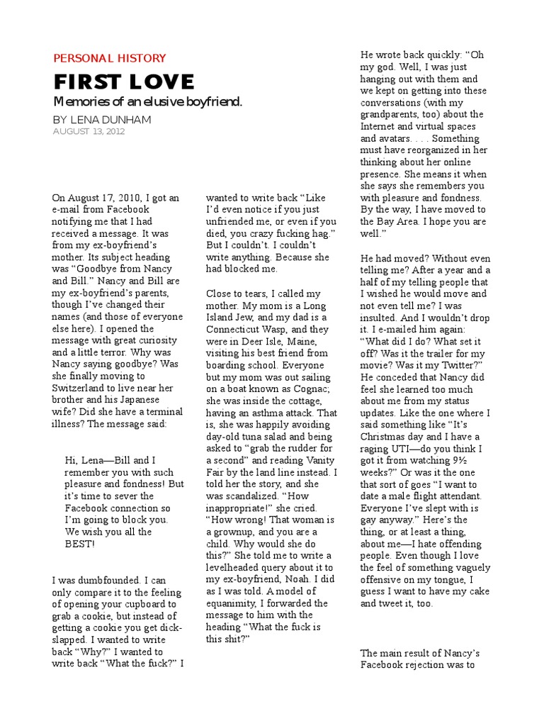 First Love: Memories of An Elusive Boyfriend | PDF | Leisure