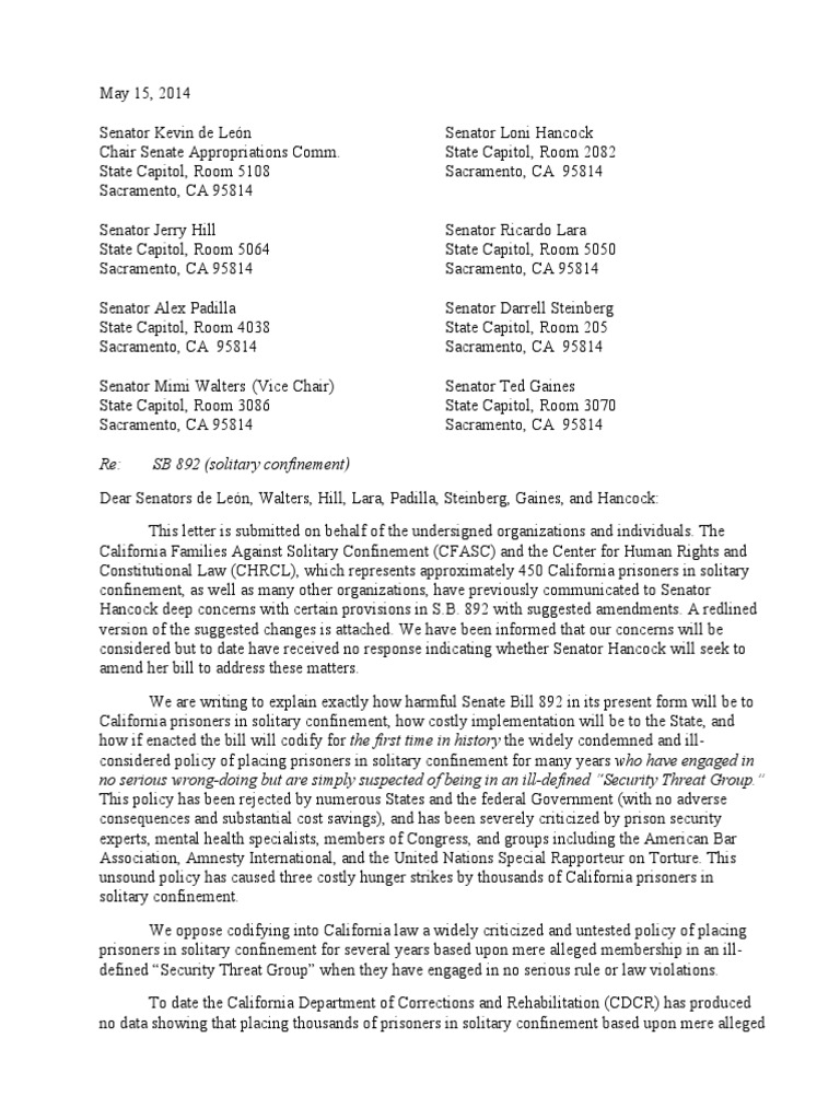 5-15-14 Solitary Confinement Sign-On Letter CA Senate | PDF | Solitary ...