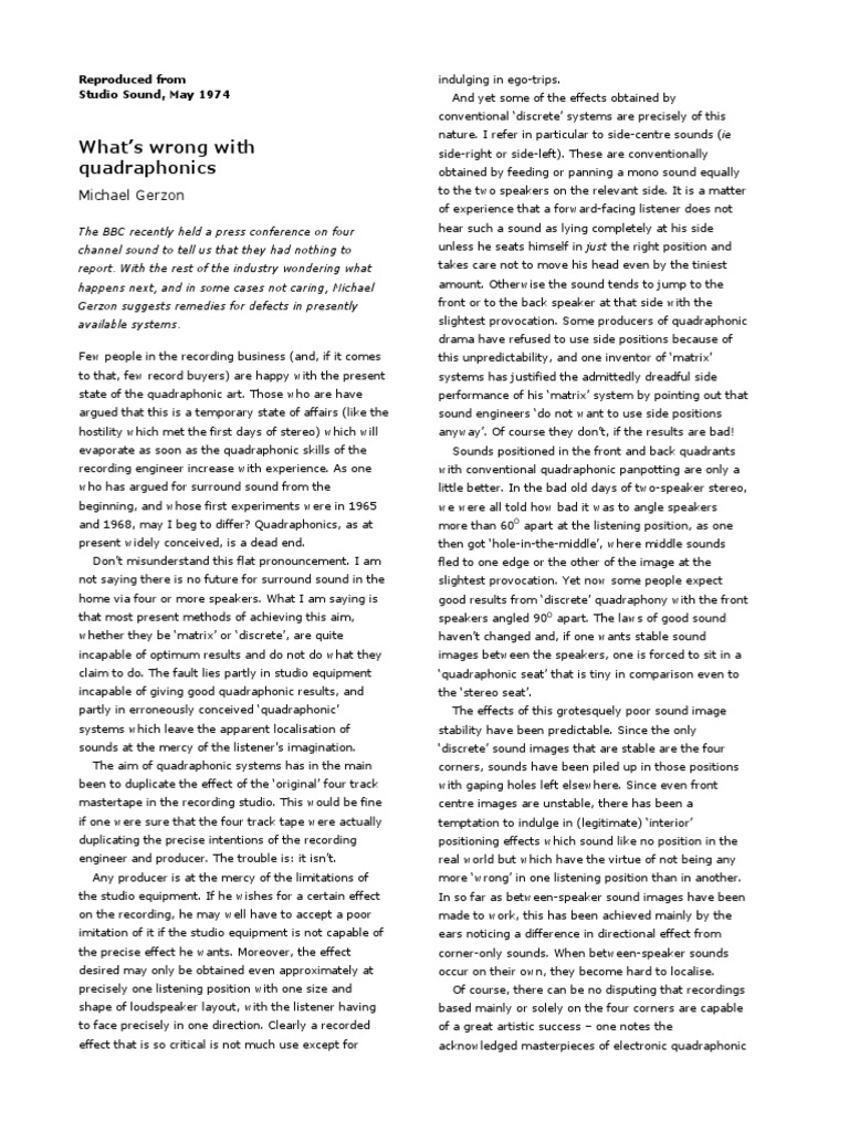 Issues with Quadraphonic Sound Systems | PDF | Audio Engineering ...