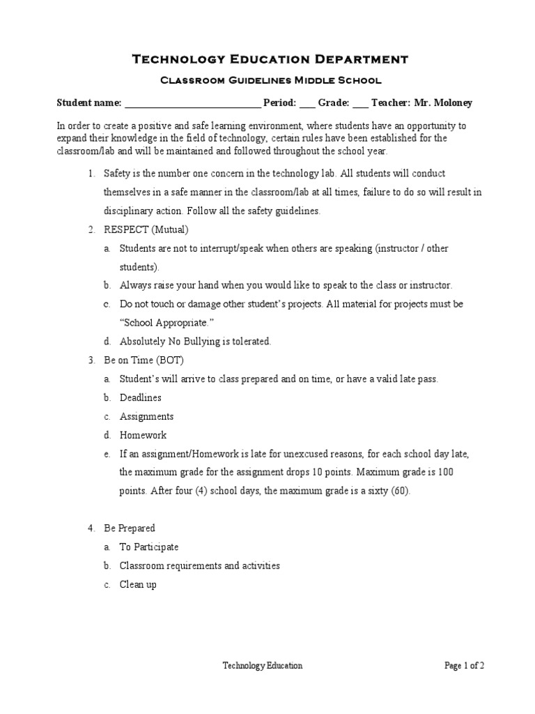 Middle School Tech Ed Classroom Rules | PDF | Homework | Pedagogy