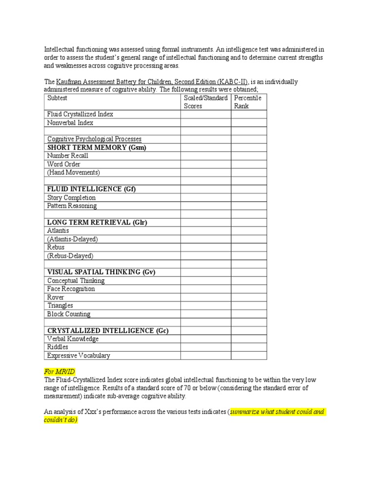 KABC-II Cognitive Assessment Report | PDF | Cognitive Neuroscience ...