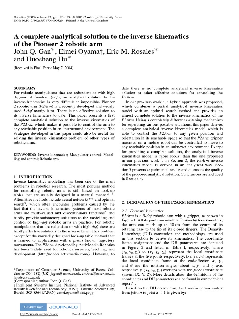 A Complete Analytical Solution To The Inverse Kinematics of The Pioneer 2 Robotic Arm | PDF ...