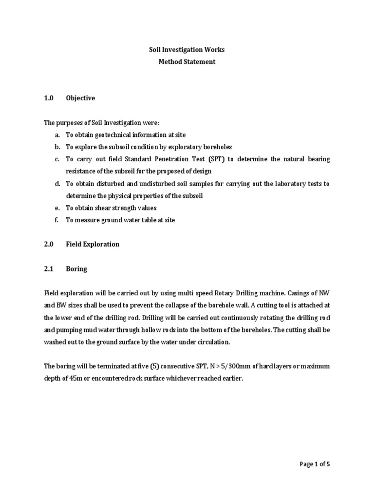 Soil Investigation Works Method Statement | PDF | Geotechnical Engineering | Materials