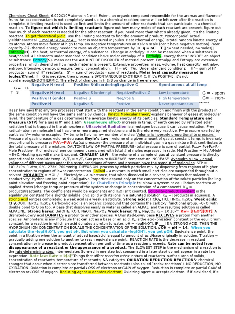 Chemistry Cheat Sheet | PDF | Redox | Acid