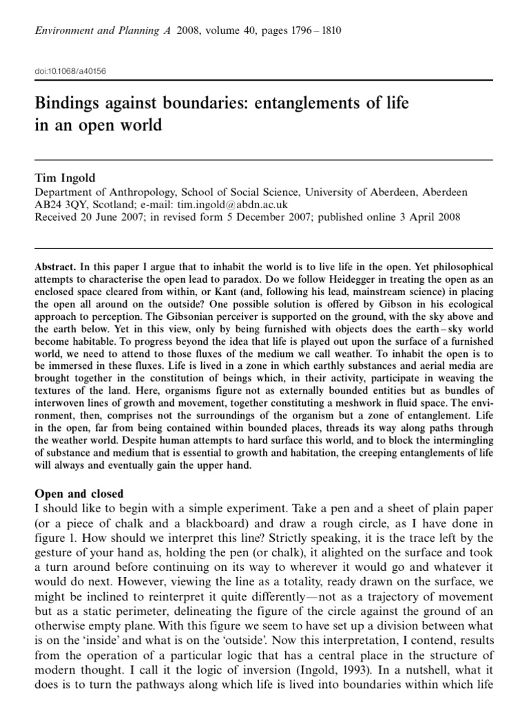 Ingold Tim Bindings Against Boundaries. Entanglements of Life in An ...