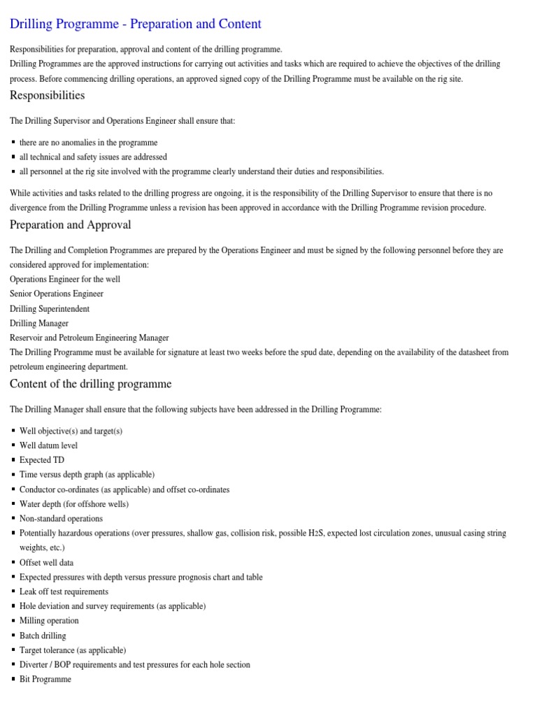 Drilling Programme - Preparation and Content | PDF | Oil Well ...