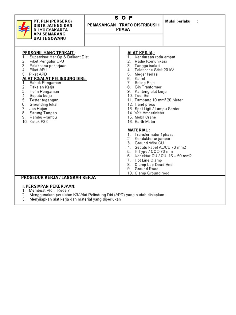 Sop Pemasangan Trafo 1 Phasa | PDF
