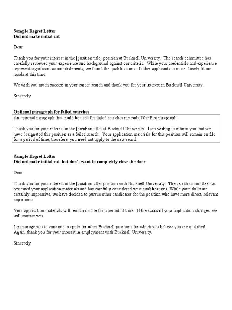 Sample Regret Letters for Unsuccessful Job Applicants | PDF