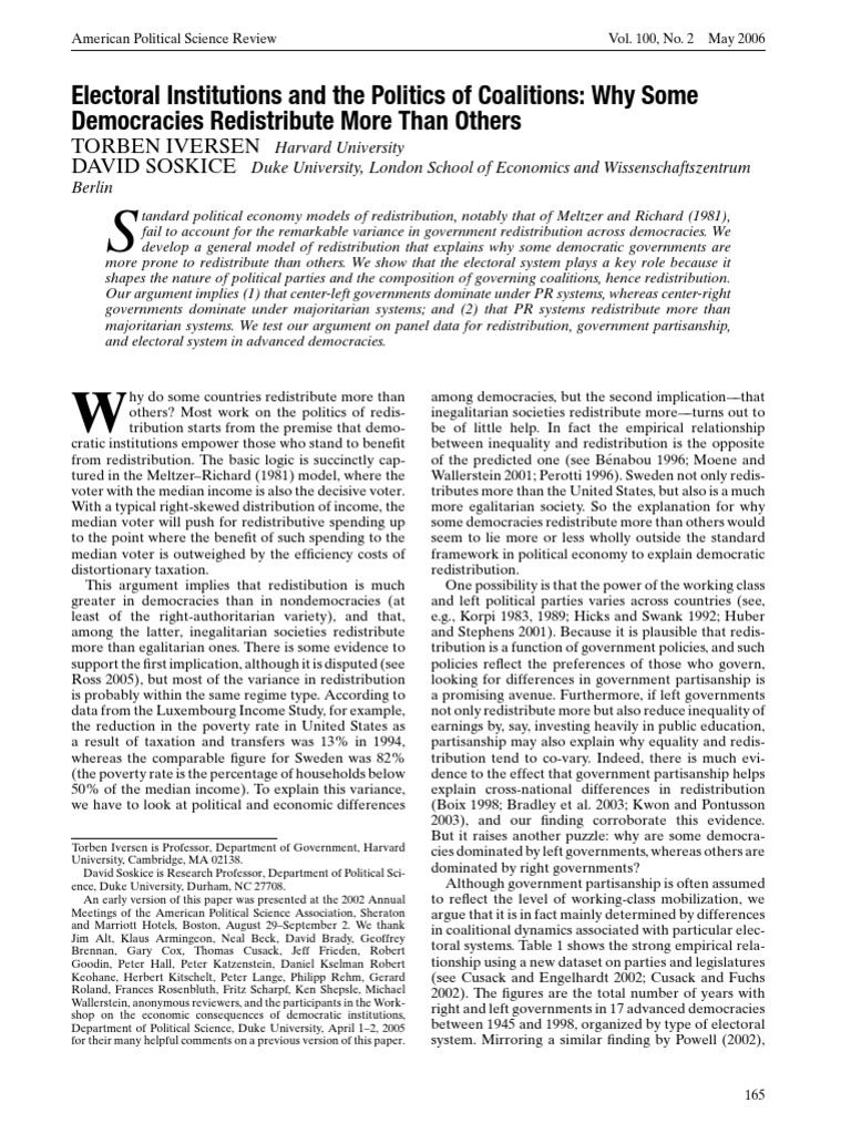 Electoral Systems and Redistribution Dynamics | PDF | Two Round System ...