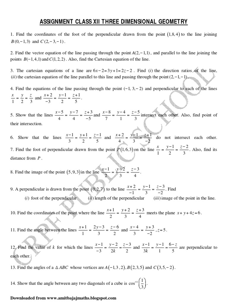XII 3D Assignment | PDF | Plane (Geometry) | Line (Geometry)