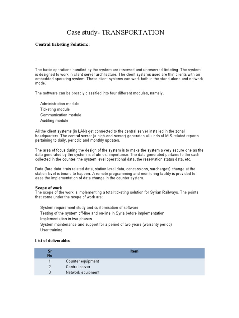 Case study-TRANSPORTATION: Central Ticketing Solution | PDF | Server (Computing) | Computer Network