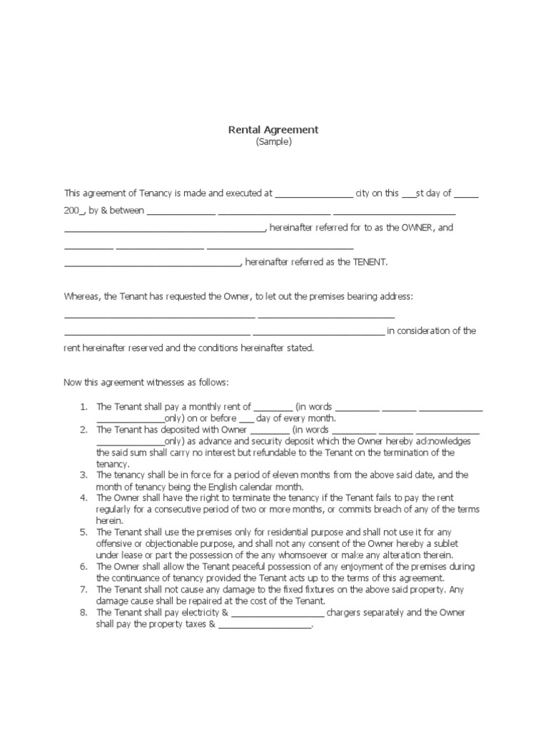 Sample Rental Agreement in Bangalore | PDF | Leasehold Estate | Lease