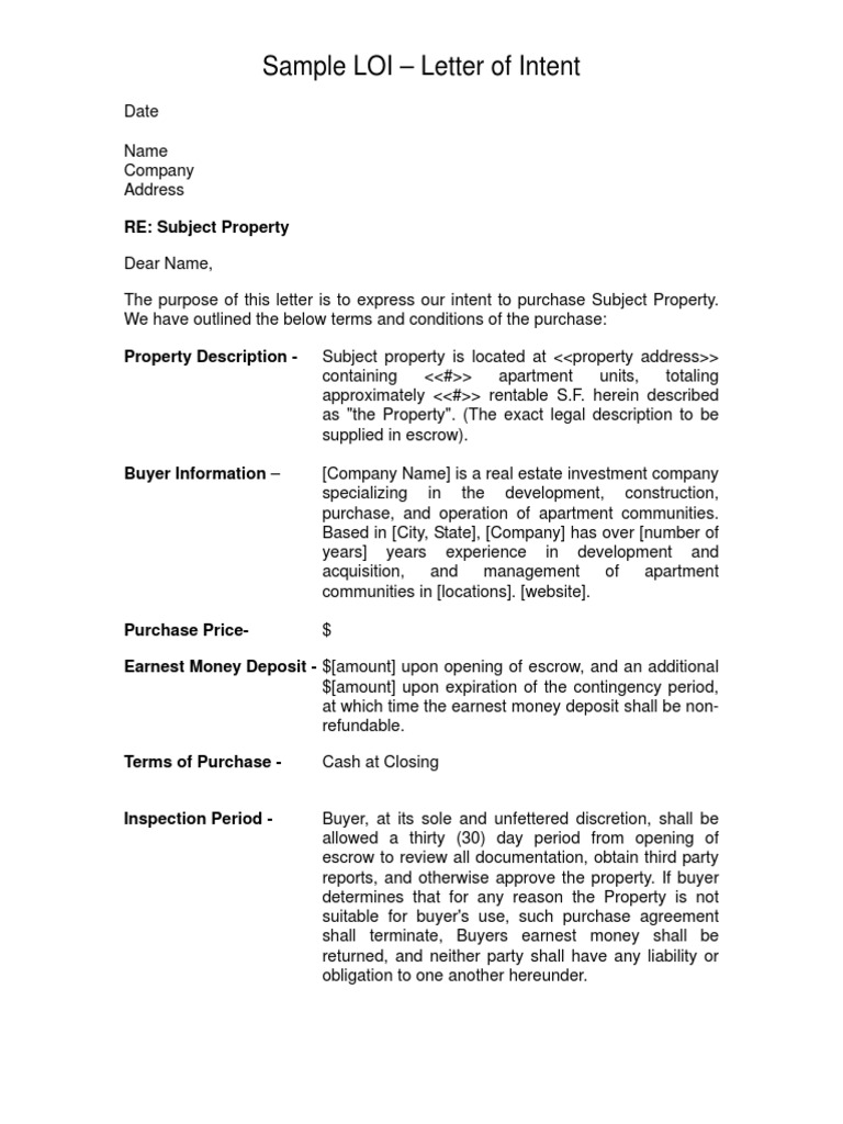 Sample Letter of Intent LOI | PDF | Real Estate Investing | Business