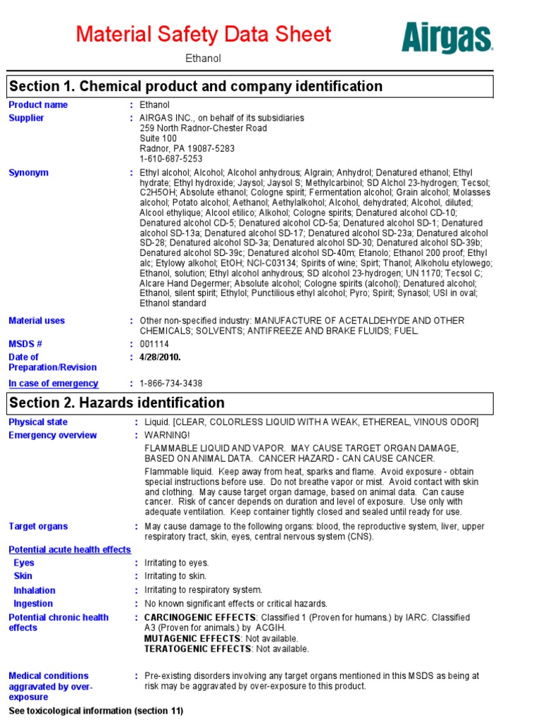 Ethanol MSDS: Hazards and Safety Information | PDF