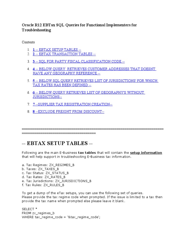 Oracle R12 EBTax SQL Queries For Functional Implementers For Troubleshooting | PDF | Information ...