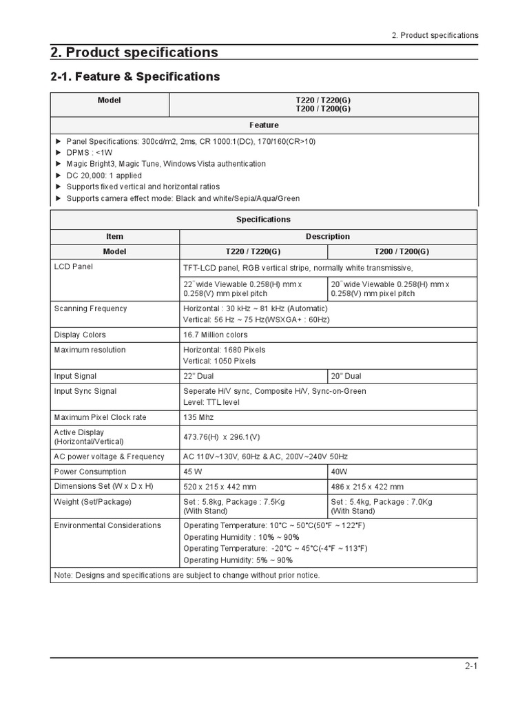 Samsung Monitor T200 Specification | PDF | Display Resolution | Display ...