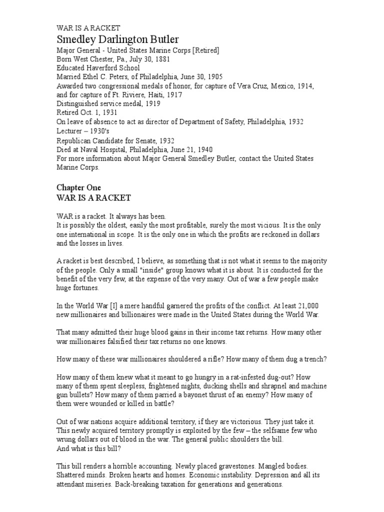Smedley Darlington Butler: Chapter One War Is A Racket | PDF | Benito ...