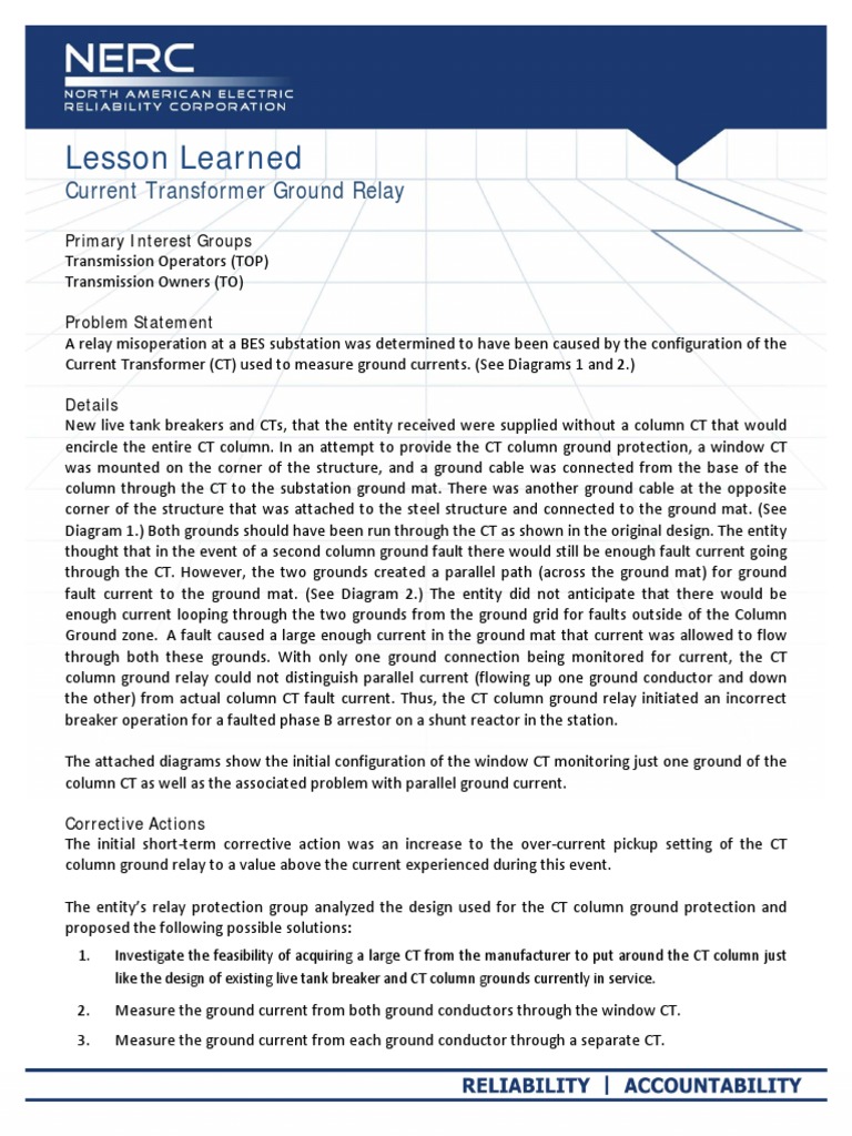 Lessons Learned Document Library-LL20130701 Current Transformer Ground ...
