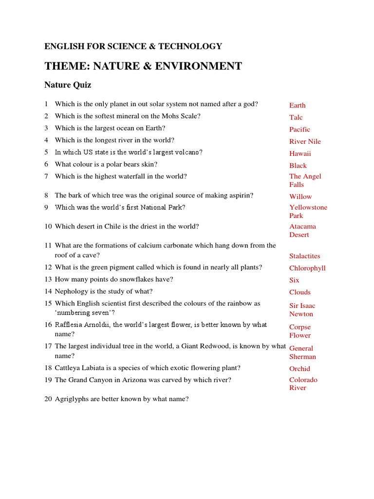 Nature Quiz: 20 Questions & Answers | PDF