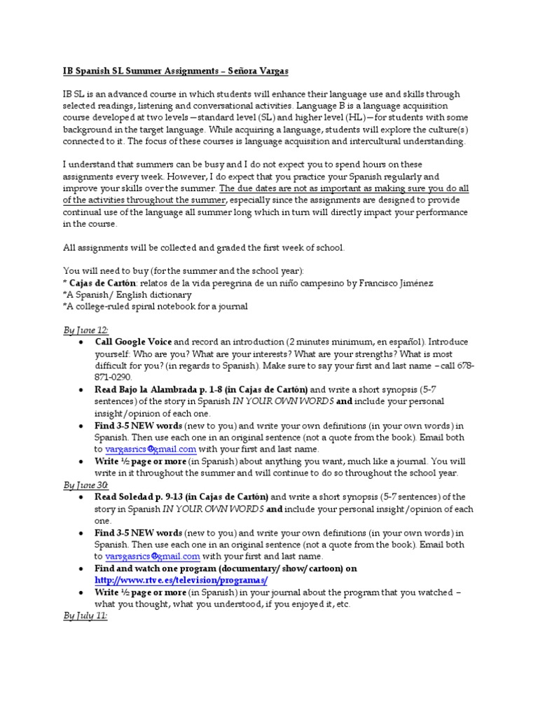 Ib Spanish SL Summer Assignment 2014 | PDF | Spanish Language | Semiotics