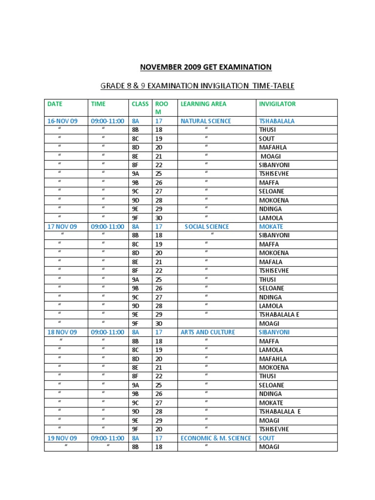 Grade 8 & 9 Examination Invigilation Time-Table | PDF | Learning ...