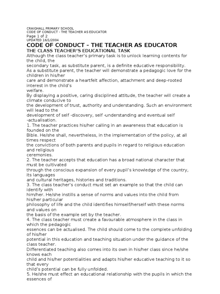 Craighall Primary School Code of Conduct - The Teacher As | PDF | Value ...