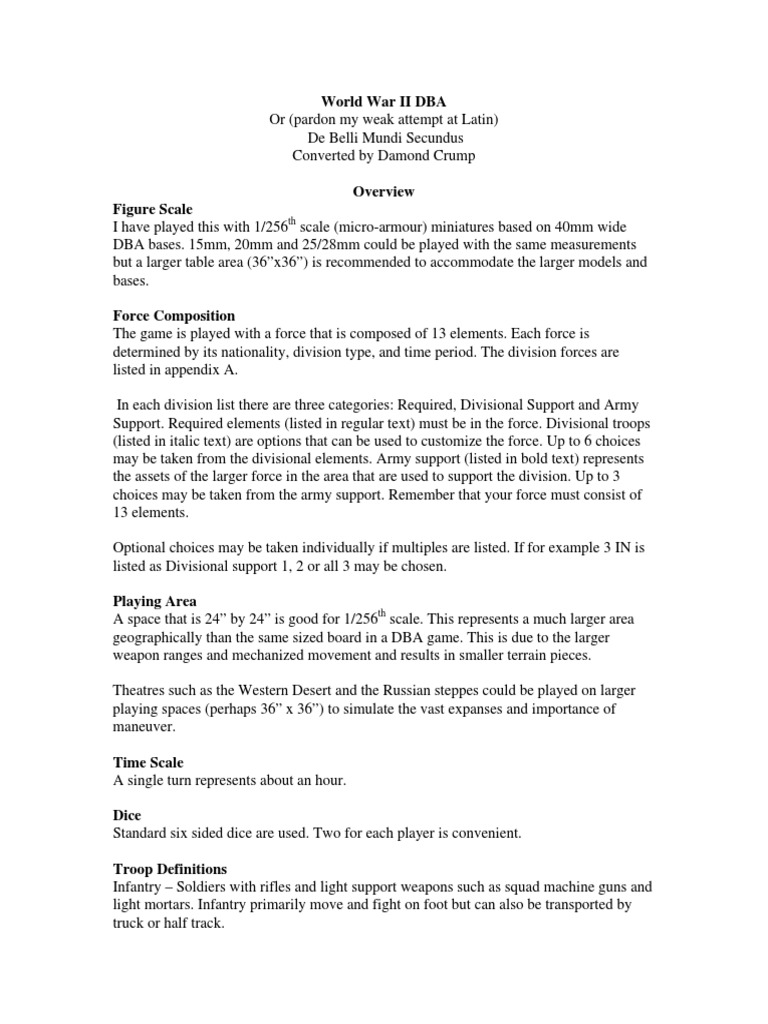 DBA Rules for WWII Miniatures Game | PDF