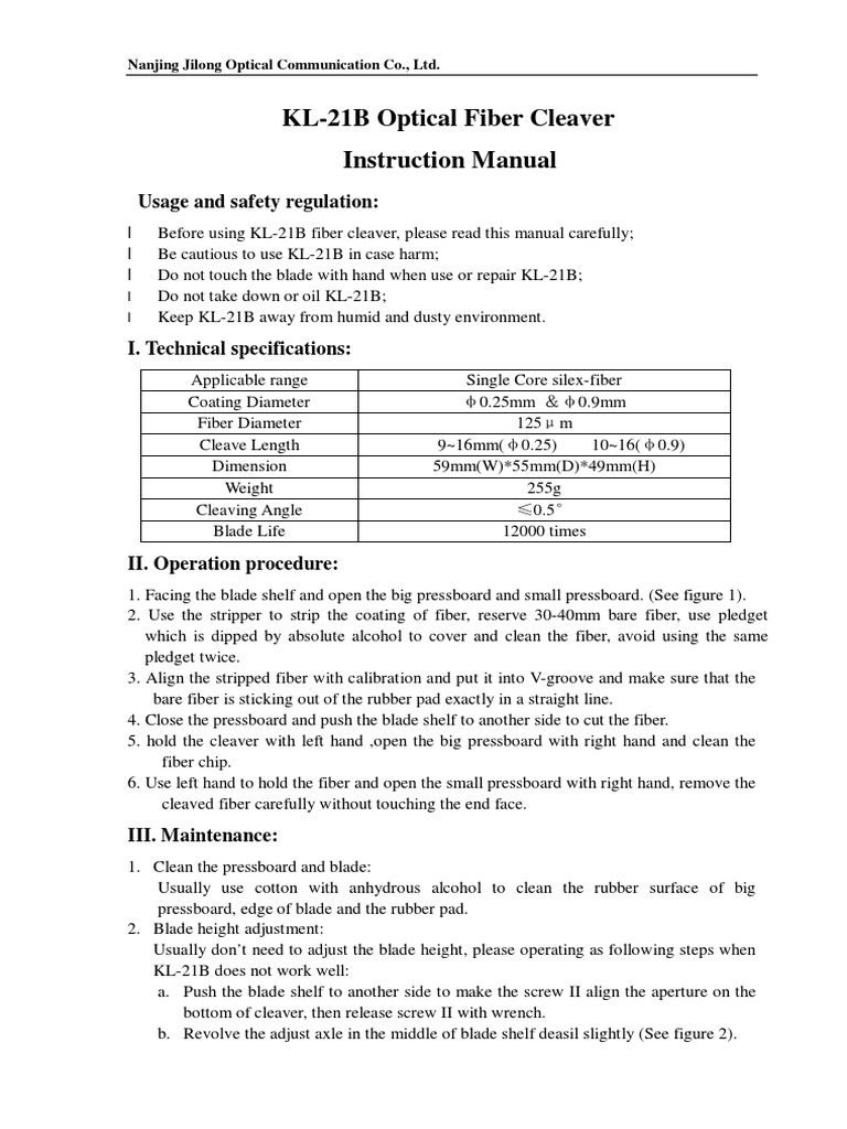 KL-21B Fiber Cleaver Manual | PDF | Optical Fiber | Equipment