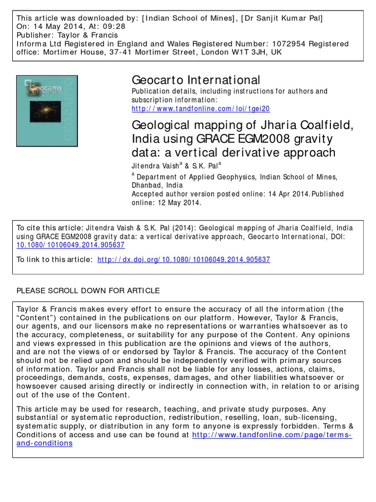 Geological Mapping of Jharia Coalfield, India Using GRACE EGM2008 Gravity Data A Vertical ...