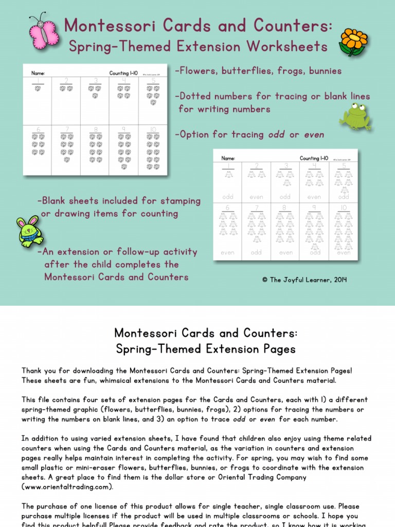Montessori Cards and Counters Spring Themed Extension Pages | PDF
