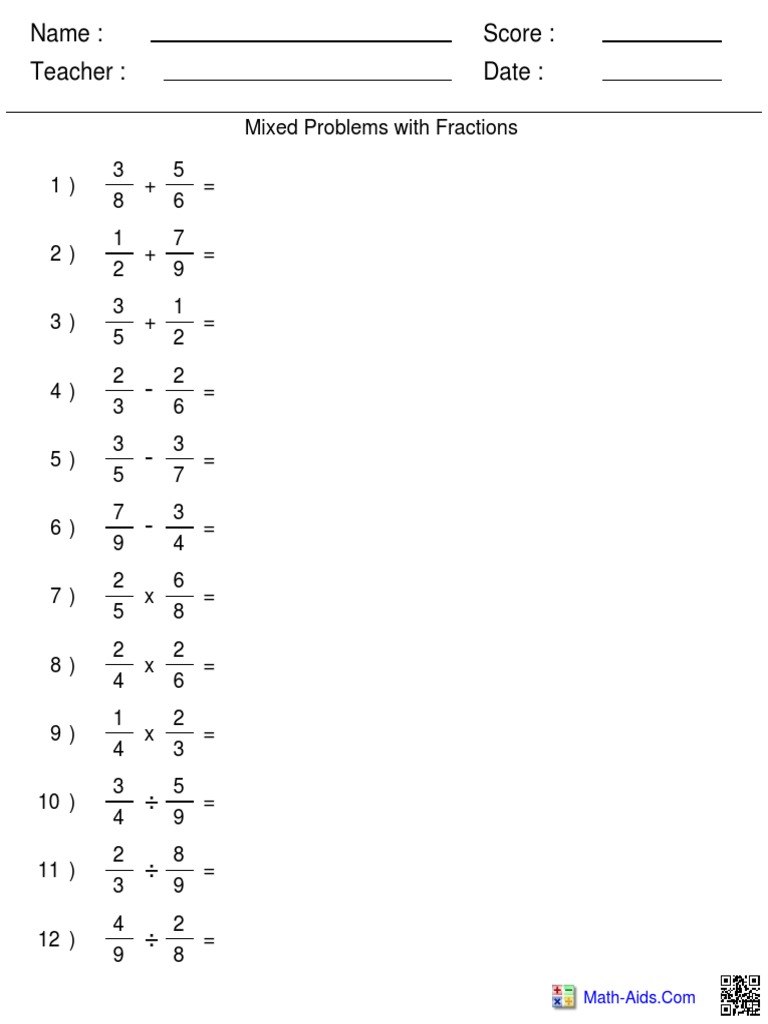 Mixed Fraction Problems Worksheet | PDF