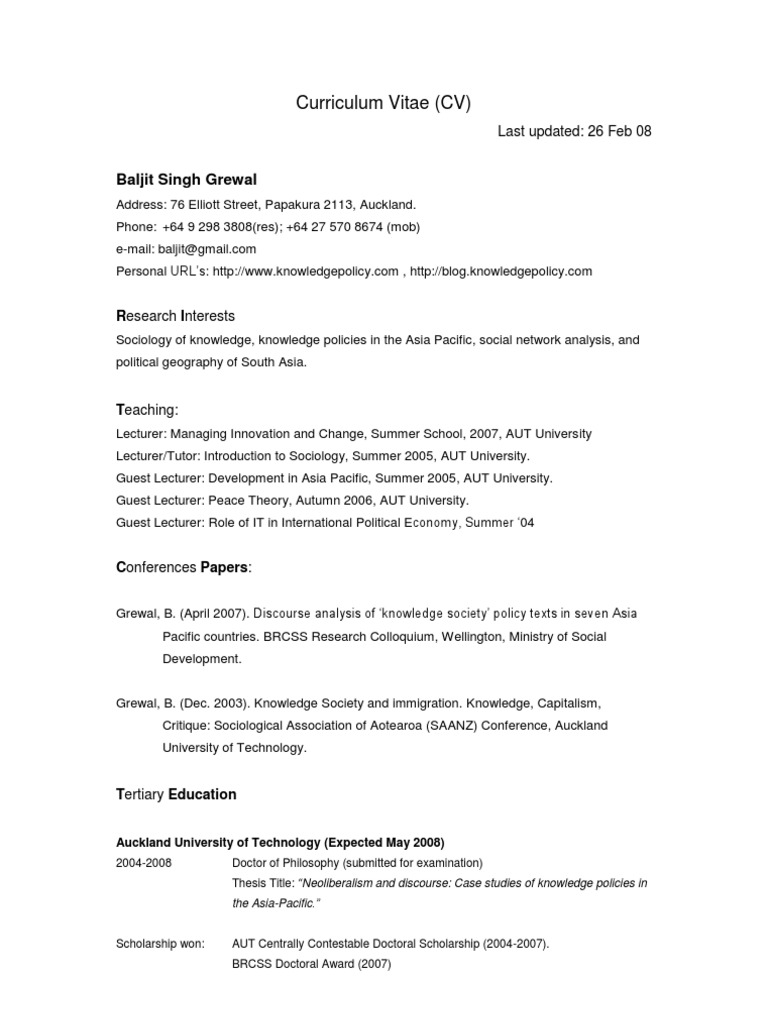 Curriculum Vitae (CV) : Baljit Singh Grewal | PDF | Sociology | Academia