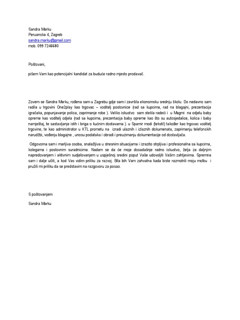 Zamolba Za Posao Sandra Marku | PDF