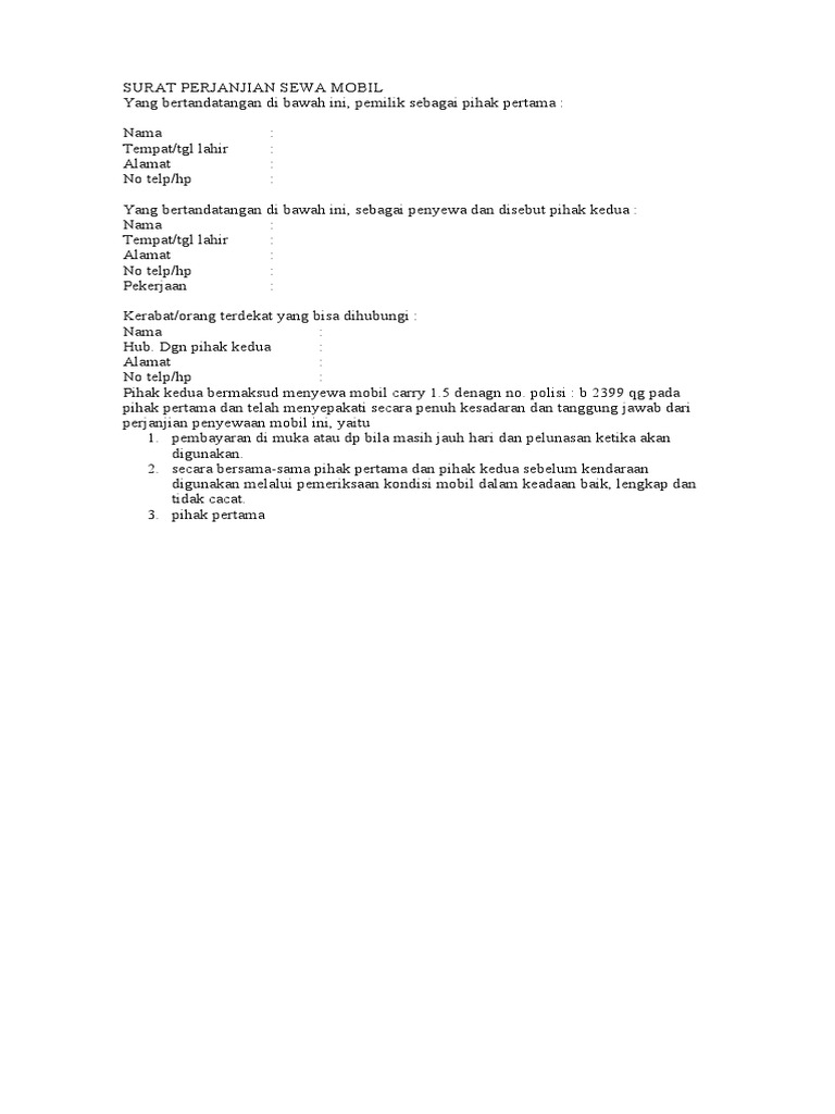 surat perjanjian sewa mobil