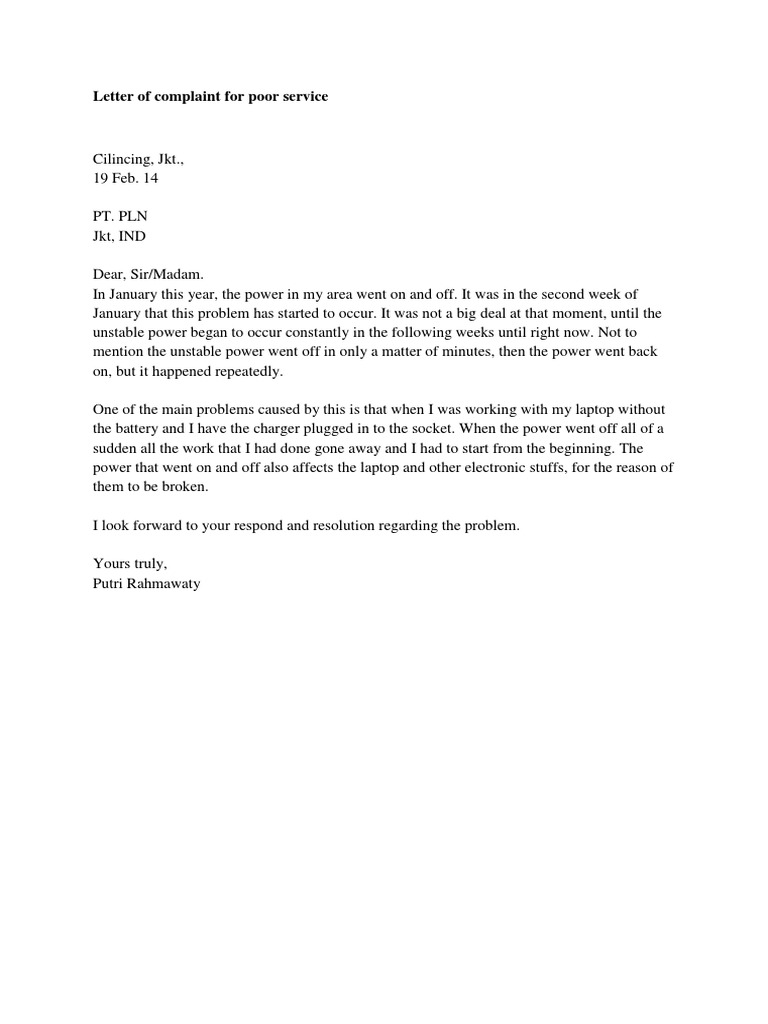 Letter of Complaint For Poor Service - PLN | PDF