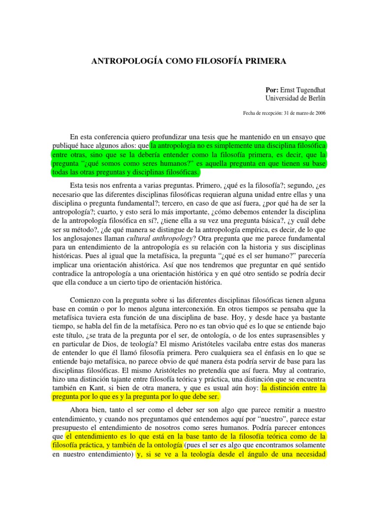 Ernst Tugendhat - Antropología Como Filosofía Primera | PDF | Moralidad ...