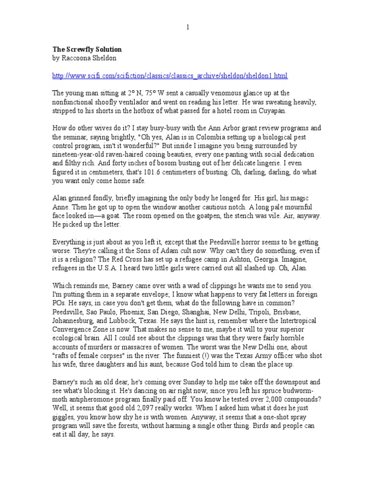 Sheldon Raccoona - The Screwfly Solution | PDF | Aggression | Sexual ...