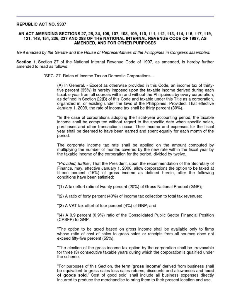 Republic Act No 9337 | PDF | Capital Gains Tax | Tax Deduction